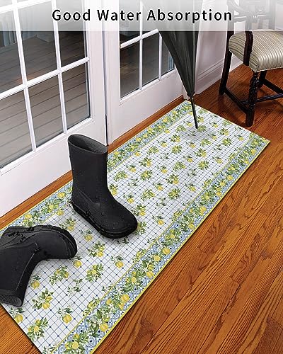 KITHOME Front Door Mat Blue Tile Background Lemon Indoor Outdoor Entrance Doormat Washable Floor Mats for Front Door Bathroom Kitchen Runner Rugs 16x47 Inch