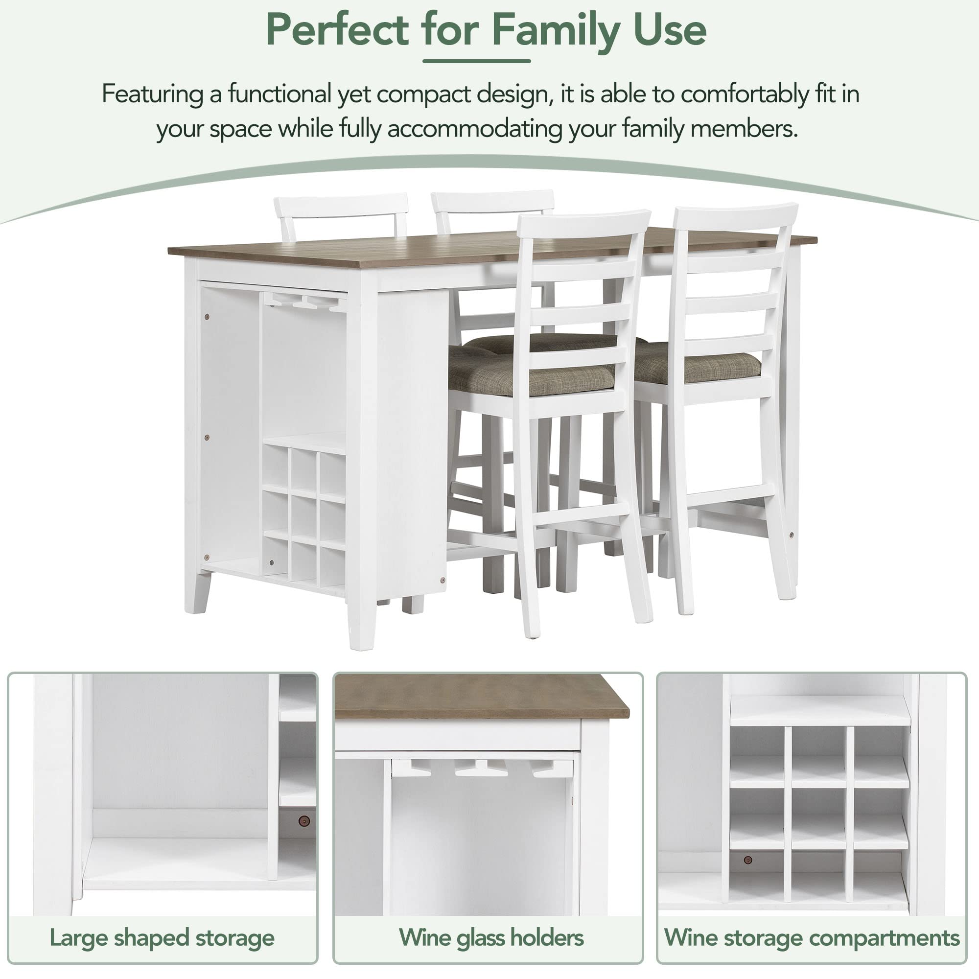 5-Piece Rustic Dining Table Set, Rubber Wood Counter Height Table with 4 Padded Chairs and Integrated 9 Bar Wine Compartment, Wineglass Holdersc for Dining Room Kitchen (Brown + White Wash-04)