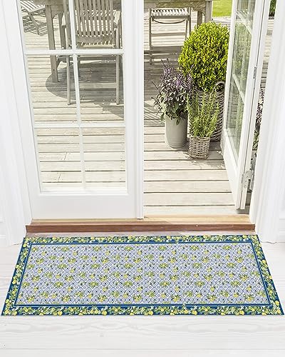KITHOME Front Door Mat Summer Vintage Lemon Tile Pattern Blue Indoor Outdoor Entrance Doormat Washable Floor Mats for Front Door Bathroom Kitchen Runner Rugs 16x47 Inch