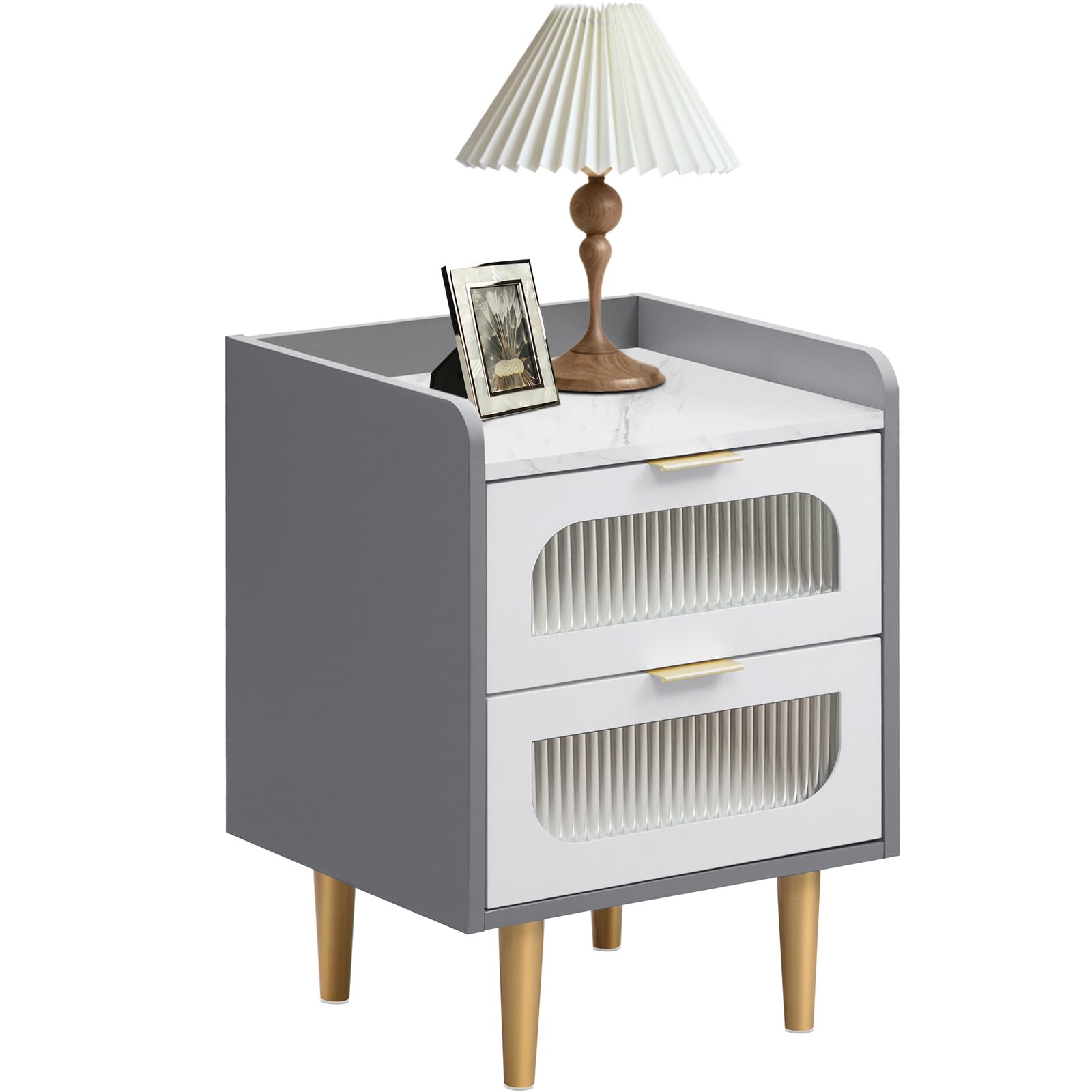 SICOTAS Night Stand with 2 Drawers, Modern Wood Nightstand Fluted Tempered Glass Marble Bed Side Table with Storage Large End Tables with Gold Legs for Bedroom Living Room, White and Grey
