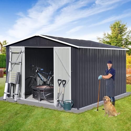 EMKK 10x8 FT Outdoor Storage Shed with Floor,Tool Garden Metal Sheds with Lockable Door,Outside Waterproof Galvanized Steel Storage House for Backyard Garden, Patio, Lawn