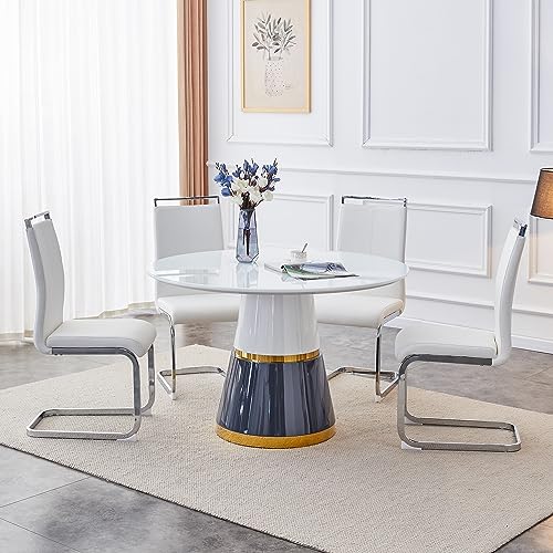 Mcltopz 47" Round Dining Table for 2-4 People, Circle Kitchen Dinner Table with White MDF Tabletop & Elegant Pedestal Base, Mid Century Modern Dining Room Table Leisure Coffee Table Living Room Table