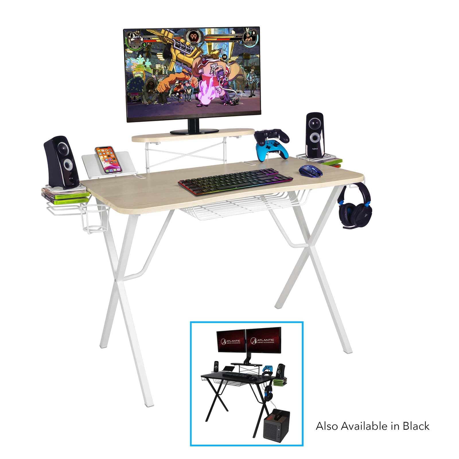 DUNTRKDU Desk Computer Desk 40"x 23.5" Home Office Desk Extra Large Modern Ergonomic Black Table Gamer Workstation with Cup Holder Headphone Hook (White)