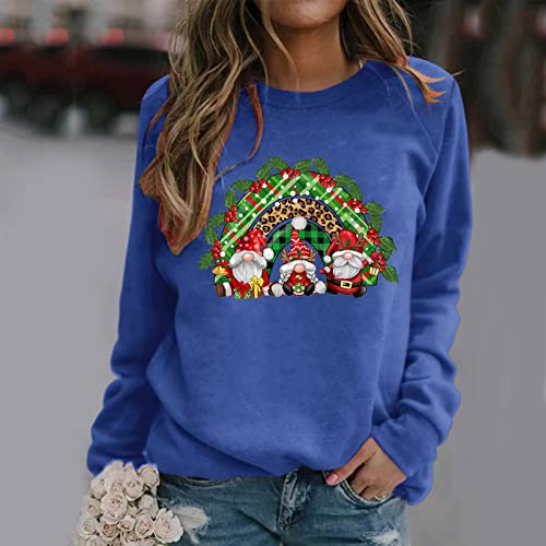 Christmas T Shirts for Women Long Sleeve Vintage Print Graphic Xmas Sweatshirt Crewneck Pullover Tops Ugly Sweater Blouses Blue