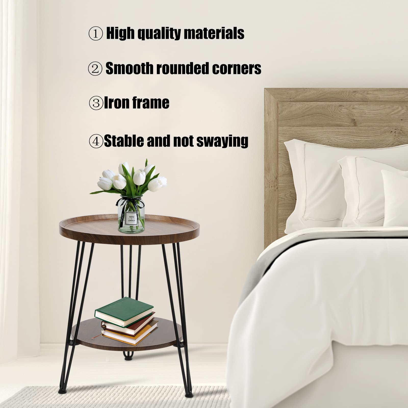 PaNeTnya 2-Tier Small End Table,Round Sofa Side Table with Storage Shelf and Metal Frame,Nightstand Bedside Table for Home Living Room Bedroom