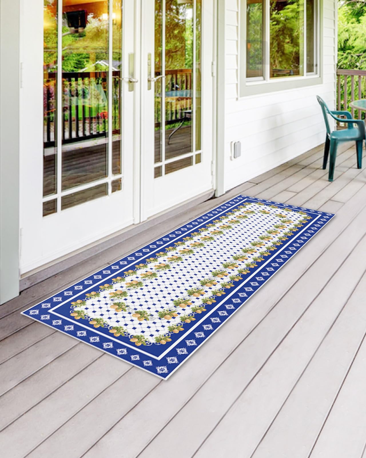 KITHOME Front Door Mat Blue Tile Background Lemon Floral Indoor Outdoor Entrance Doormat Washable Floor Mats for Front Door Bathroom Kitchen Runner Rugs 16x47 Inch
