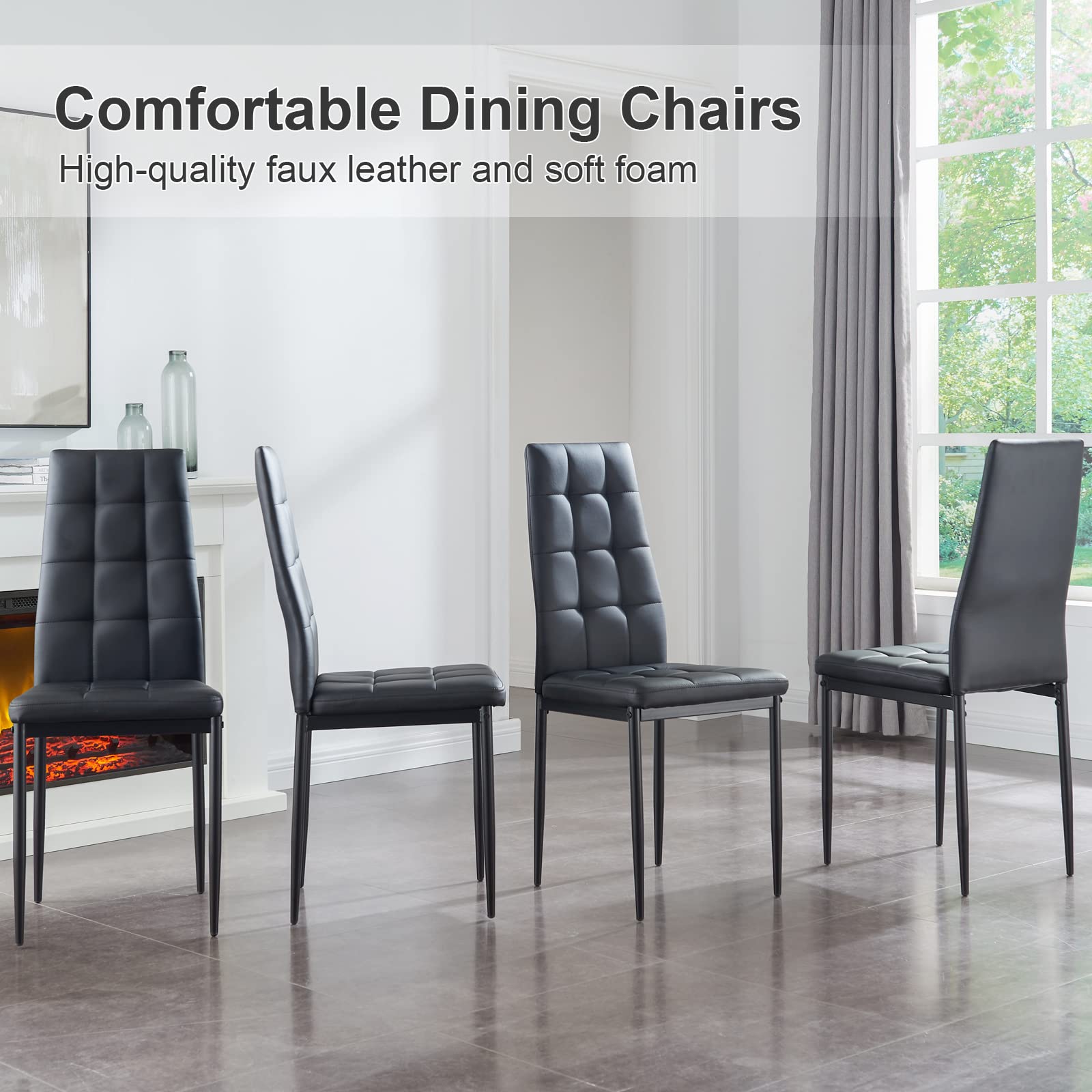 WISOICE Black Dining Chairs Set of 2, Kitchen Chairs for Dining Room Chairs, PU Leather Padded Cushion, High Back and Metal Legs