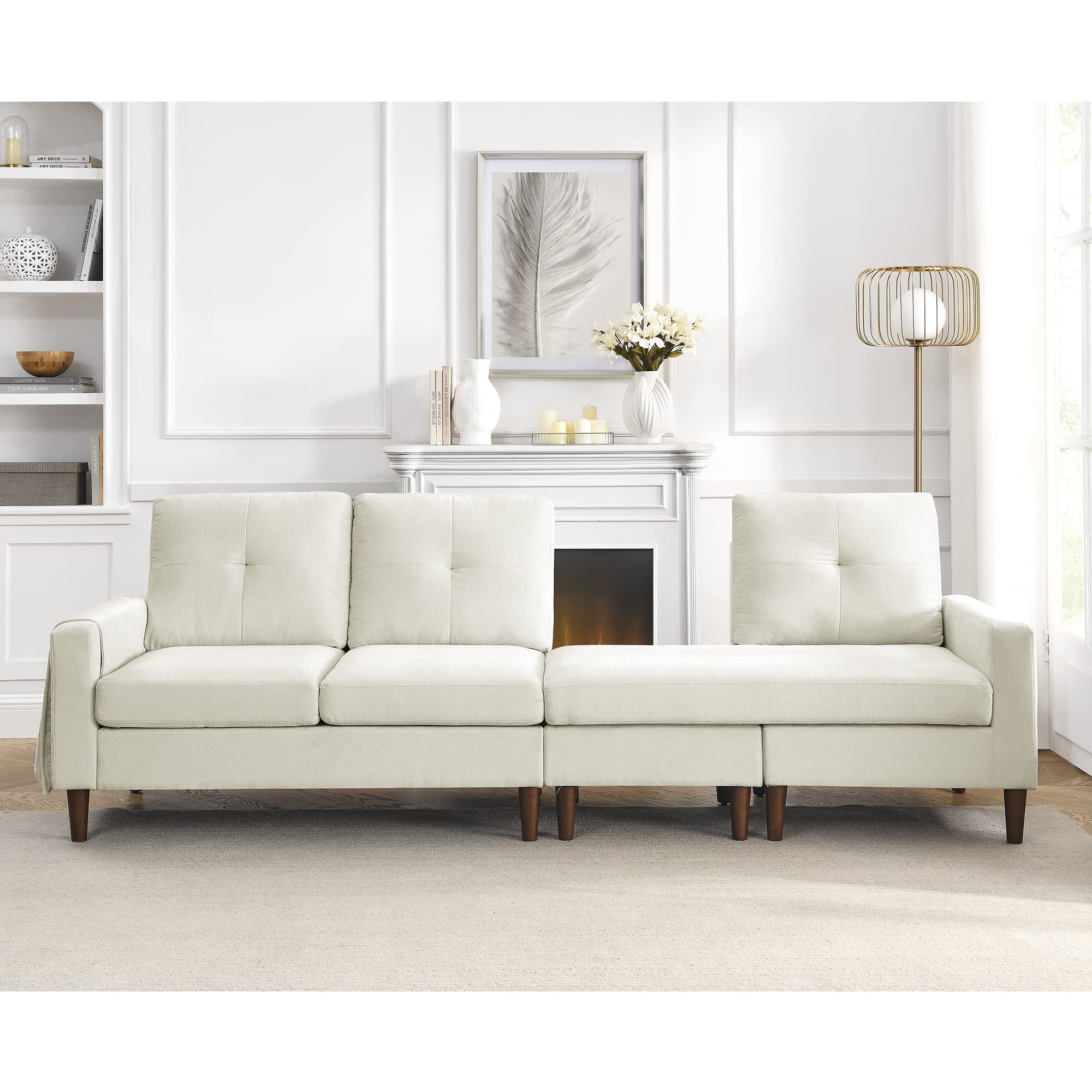 Prohon 80” L-Shape Sectional Sofa Chenille Fabric Retro Removable Cushions and Pocket, Rubber Wood Legs, 3 Seats Modern Convertible Futon Couches for Living Room/Small Space, Beige