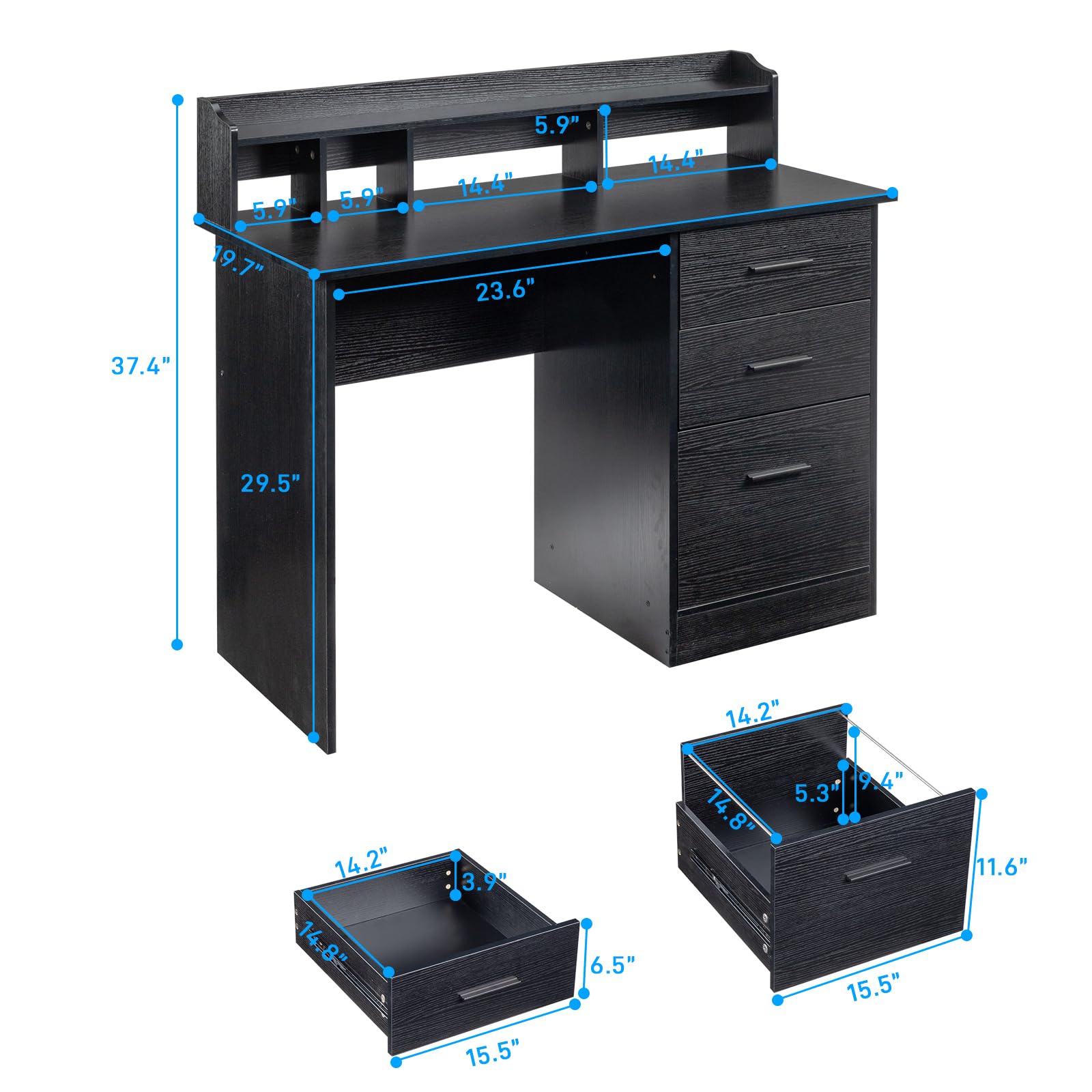 Kcelarec Computer Desk with Drawers and Hutch, Home Office Desk with File Drawer, Wood Executive Desk Writing Study Table PC Desk for Bedroom (Black)