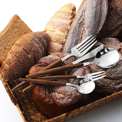 Aimilan 30 Piece Silverware Set for 6, 18/10 Stainless Steel Imitation Wooden Handle Flatware Cutlery Set for Home Kitchen Restaurant, Mirror Finish, Dishwasher Safe (30-Piece for 6)
