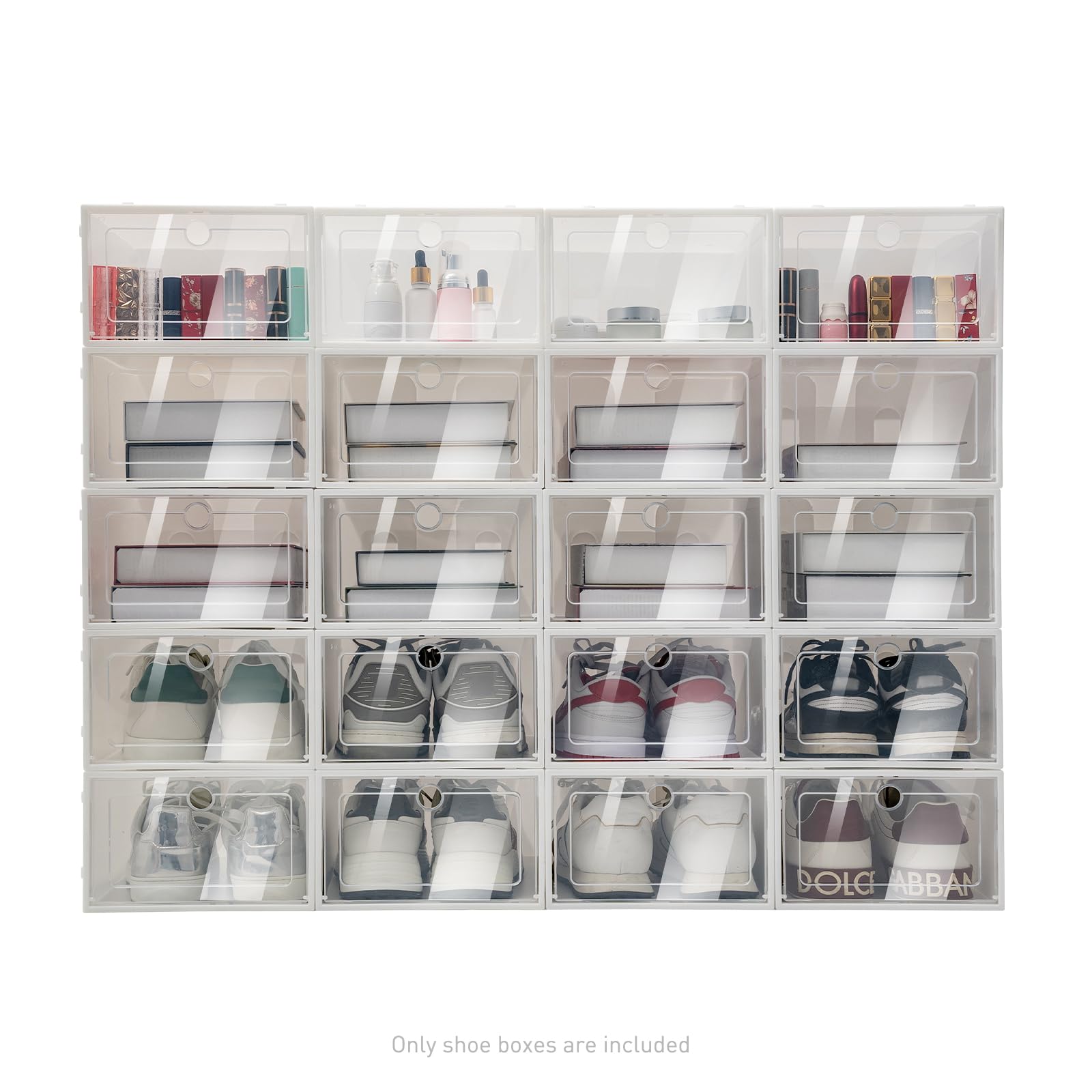 DDBESSIC Shoe Box Organizer,Clear Plastic Stackable Shoe Storage Box,Side Lid Odor Prevention Foldable for Rooms, Cabinets 20 Pack,White