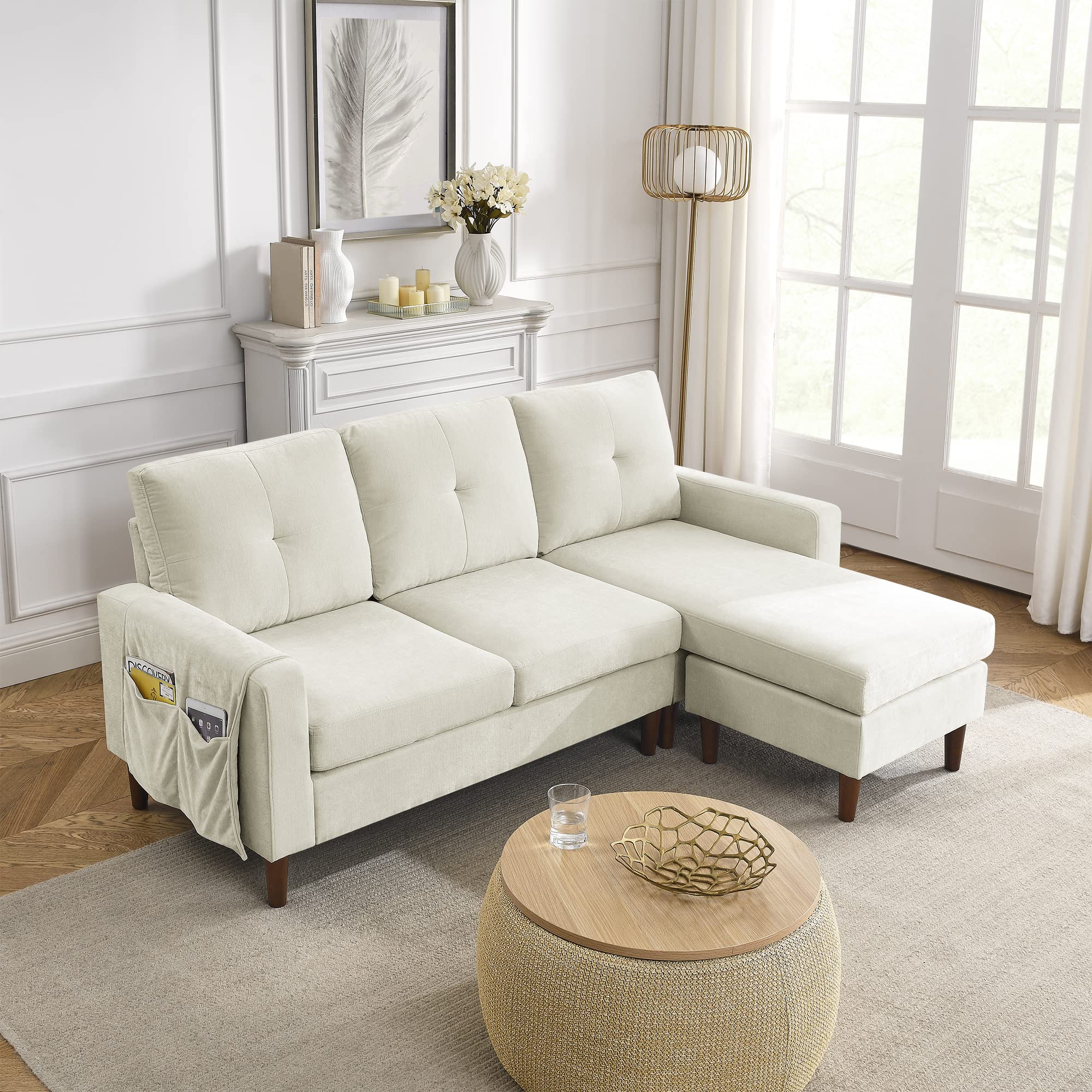 Prohon 80” L-Shape Sectional Sofa Chenille Fabric Retro Removable Cushions and Pocket, Rubber Wood Legs, 3 Seats Modern Convertible Futon Couches for Living Room/Small Space, Beige