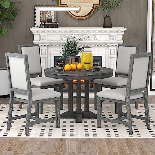 KoiHome 5 Piece, 42"-58" Farmhouse Round Extendable 16" Leaf Wood and 4 Upholstered Chairs, Set of 5, Family Dining Table Set for Restaurant, Kitchen (Black)