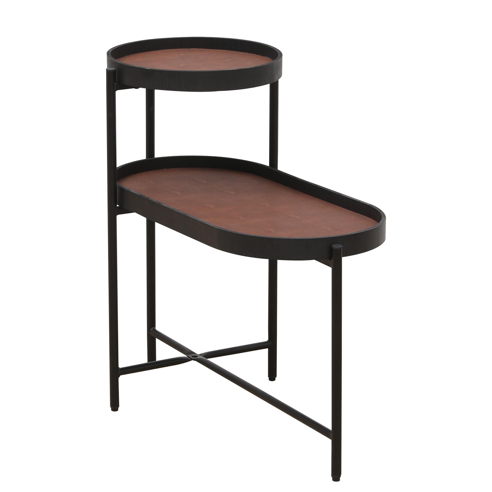Modern 2-Tier Side Table Black Metal Frame with Wood & PU Tray End Tables Sofa Table for Living Room, Bedroom, Sofa Couch, Hall