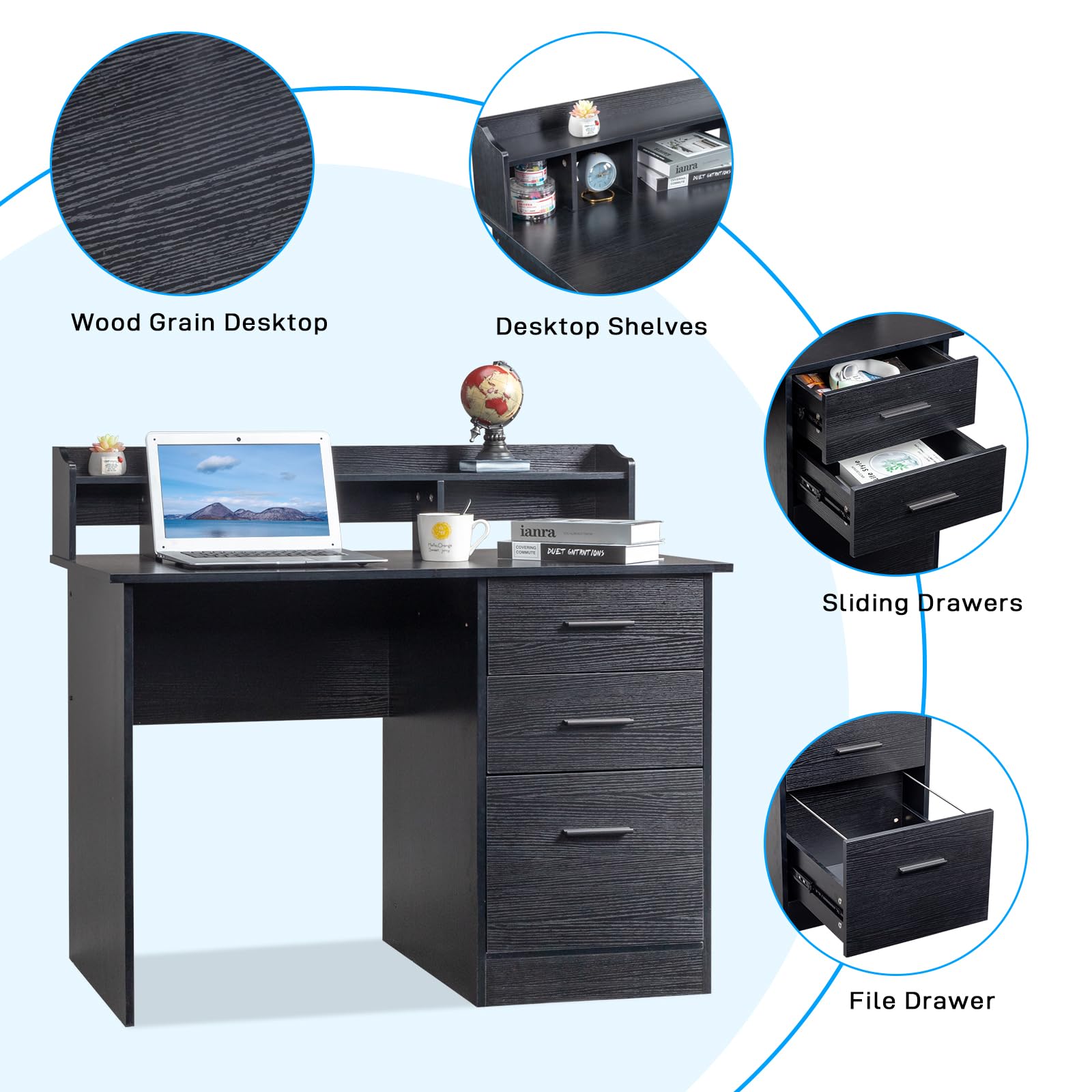 Kcelarec Computer Desk with Drawers and Hutch, Home Office Desk with File Drawer, Wood Executive Desk Writing Study Table PC Desk for Bedroom (Black)