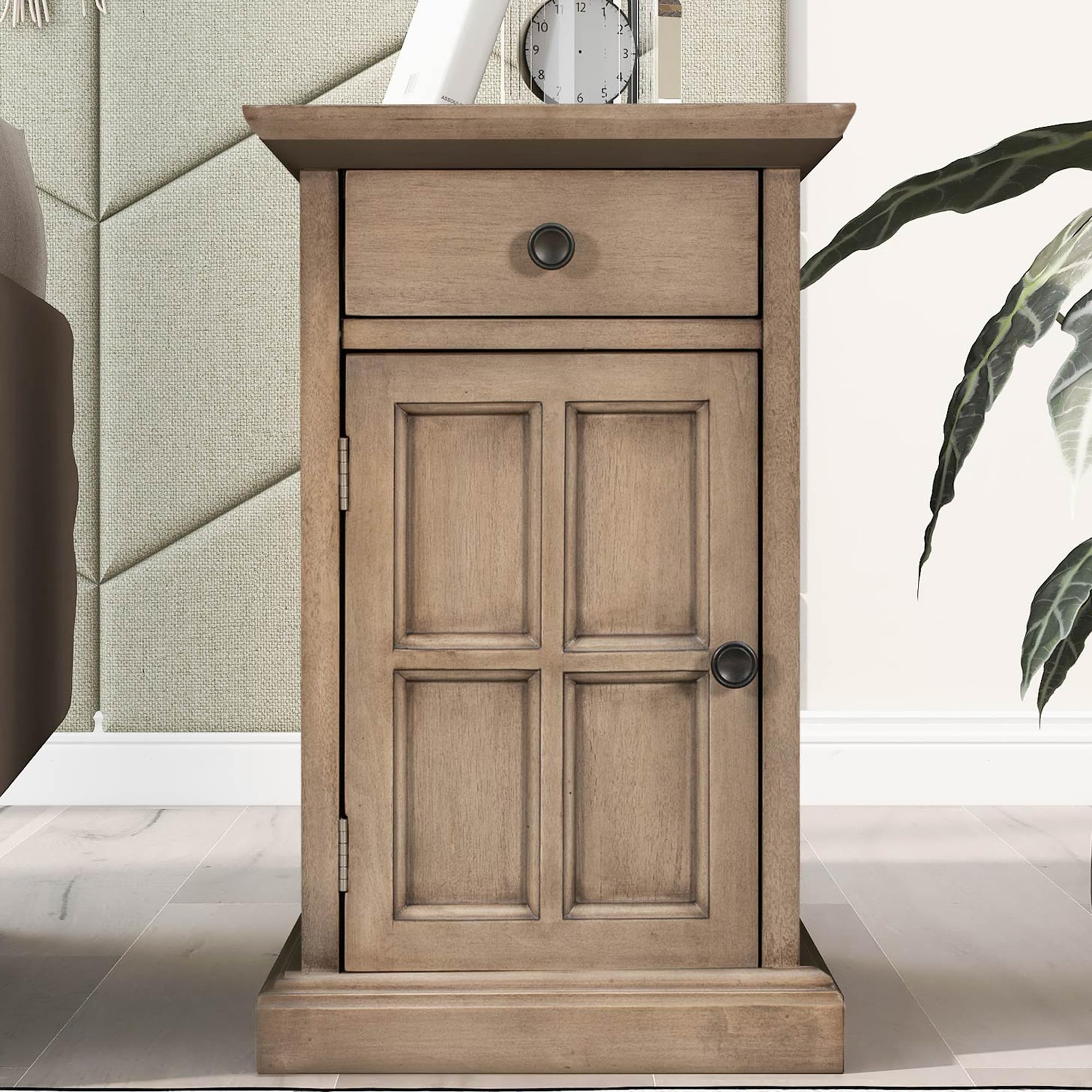 P PURLOVE Classic Vintage Living Room End Table, Wooden Side Table with USB Ports and One Multifunctional Drawer with Cup Holders (Antique Brown)