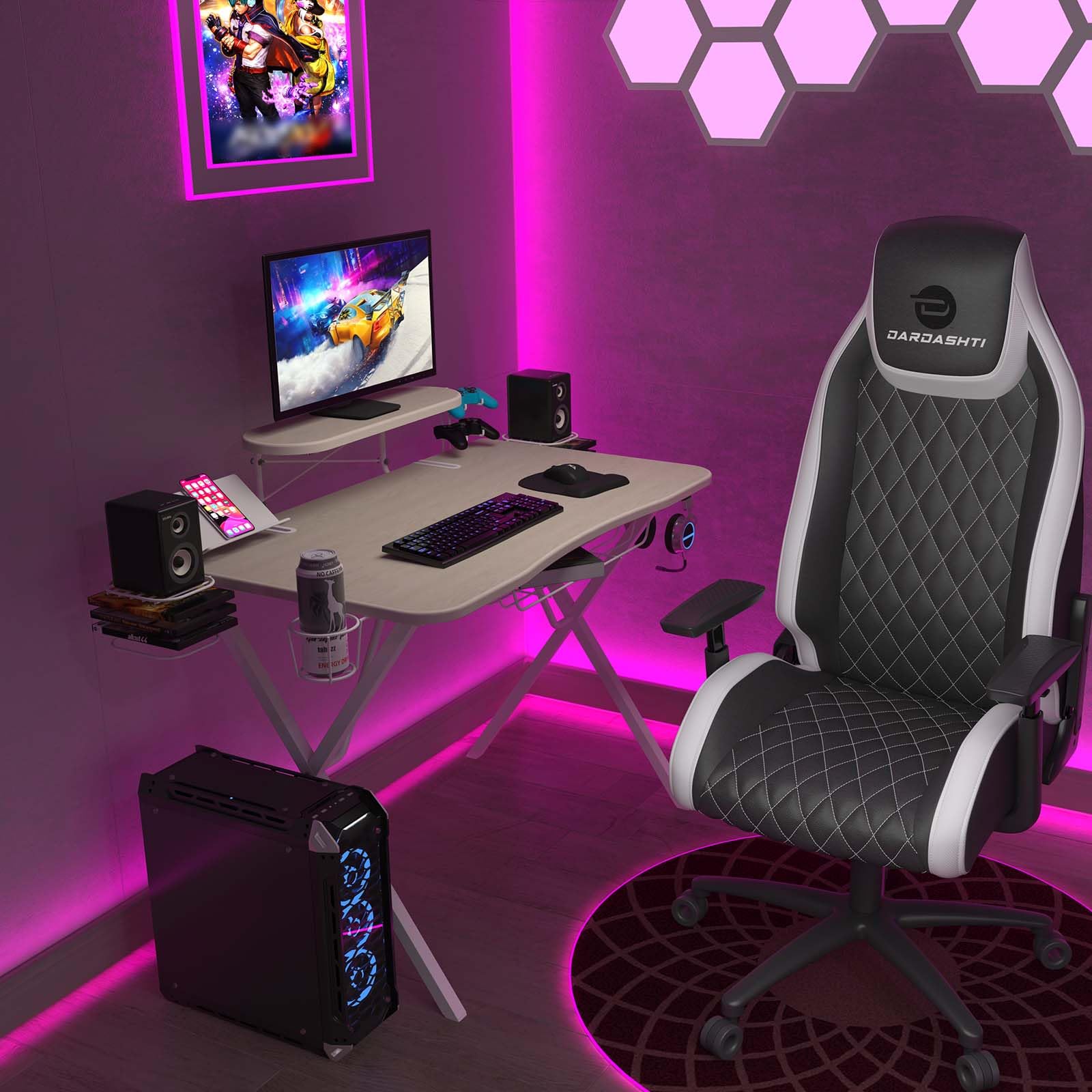 DUNTRKDU Desk Computer Desk 40"x 23.5" Home Office Desk Extra Large Modern Ergonomic Black Table Gamer Workstation with Cup Holder Headphone Hook (White)