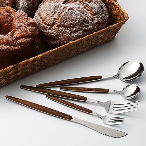 Aimilan 30 Piece Silverware Set for 6, 18/10 Stainless Steel Imitation Wooden Handle Flatware Cutlery Set for Home Kitchen Restaurant, Mirror Finish, Dishwasher Safe (30-Piece for 6)