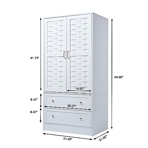 QEIUZON Wardrobe Closet, Freestanding Closet Wardrobe Cabinet with Wide Drawers & Hanging Rod, Armoire for Bedroom, Kids' Room, Dorm (White)