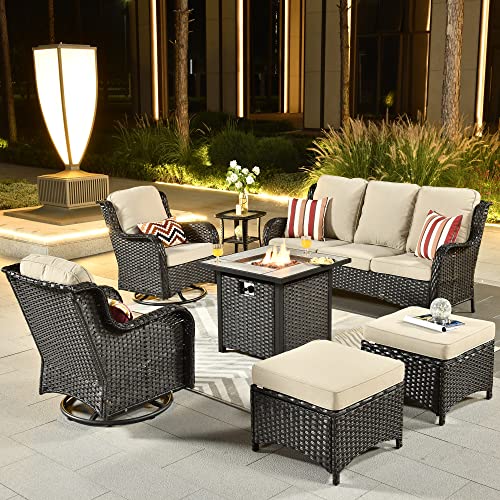 XIZZI Patio Furniture Sets 7 Pieces Outdoor Swivel Rocking Chairs with 50,000 BTU Propane Fire Pit Table All Weather PE Wicker Outside Conversation Sofa Set and Matching Side Table,Brown Wicker Beige
