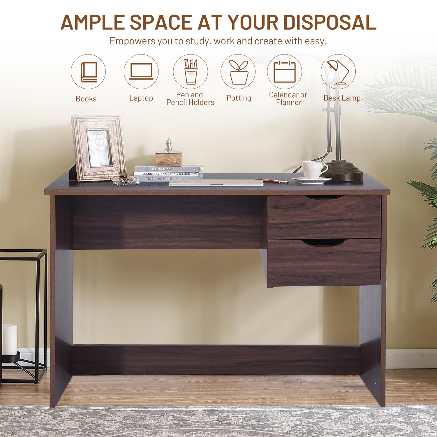 FurnitureR Home Office Computer Desk with 2 Drawers, Wooden Study Writing Table Teen Student Desk Workstation with Footrest for Bedroom Small Spaces Apartment Dorm, Walnut Brown
