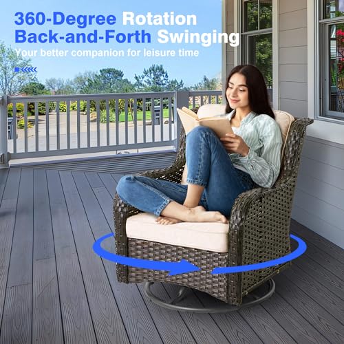 XIZZI Patio Furniture Sets 7 Pieces Outdoor Swivel Rocking Chairs with 50,000 BTU Propane Fire Pit Table All Weather PE Wicker Outside Conversation Sofa Set and Matching Side Table,Brown Wicker Beige