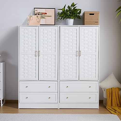 QEIUZON Wardrobe Closet, Freestanding Closet Wardrobe Cabinet with Wide Drawers & Hanging Rod, Armoire for Bedroom, Kids' Room, Dorm (White)