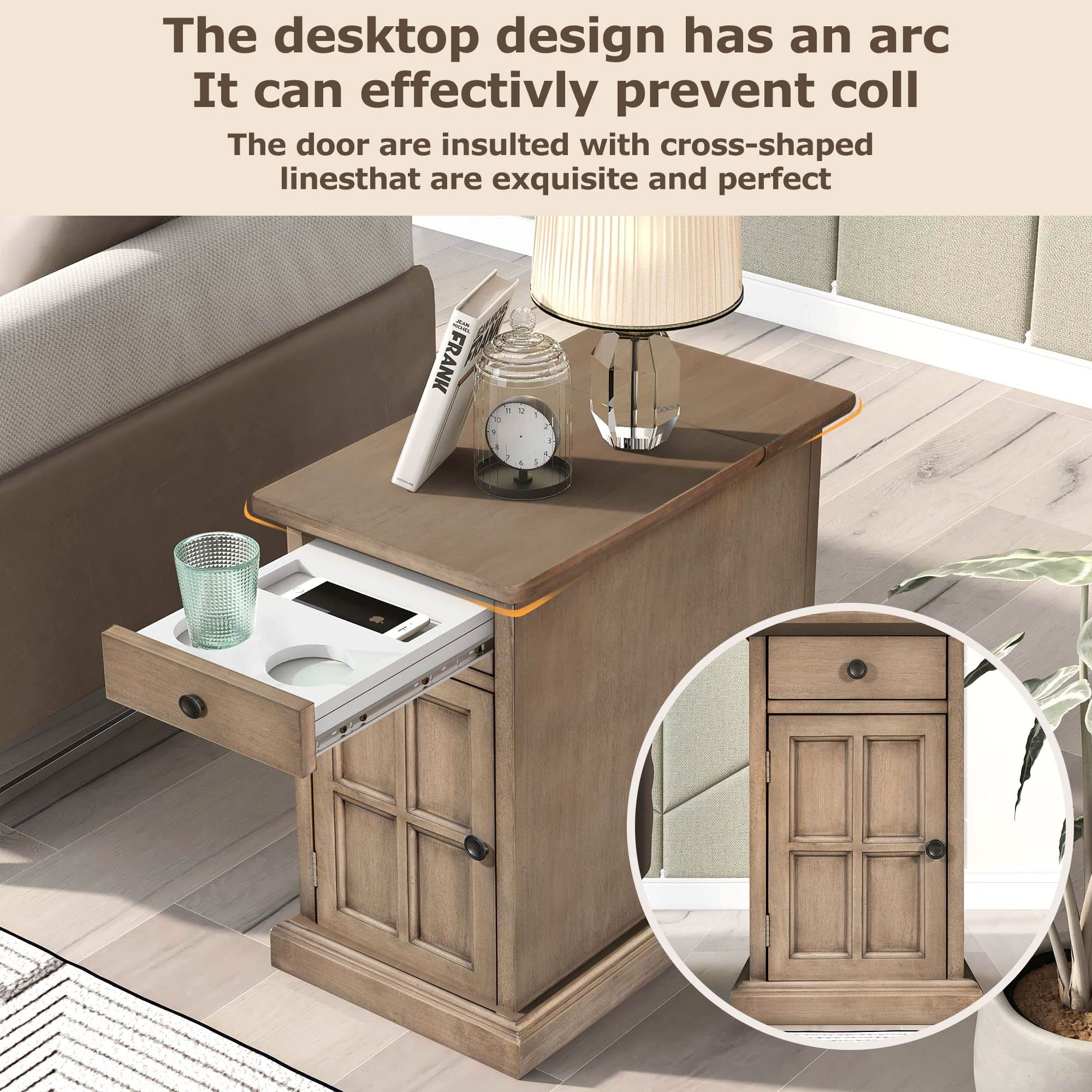 P PURLOVE Classic Vintage Living Room End Table, Wooden Side Table with USB Ports and One Multifunctional Drawer with Cup Holders (Antique Brown)