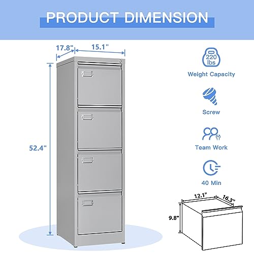 Yizosh 4 Drawer File Cabinet with Lock, Filing Cabinets for Home Office, Metal Locking Office File Storage Cabinets with Drawers, Vertical Small Filing Cabinet Organizer for Legal/A4