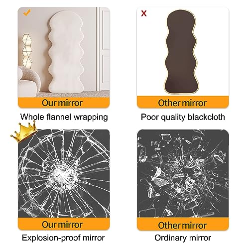 LOVDECORT Irregular Wavy Full Length Mirror, 63" x 24" Shatter-Resistant Selfie Leaner Mirror, Standing Floor Mirror for Hanging & Leaning Against Wall with Velvet Wrapped Wooden Frame(White)