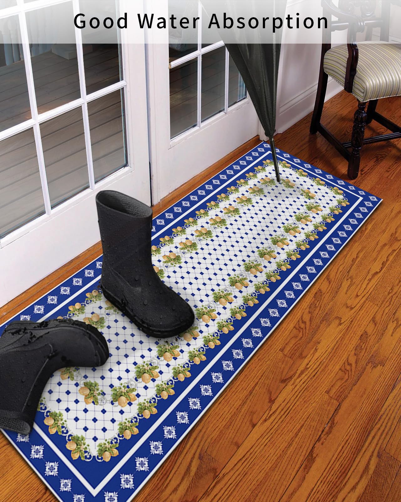 KITHOME Front Door Mat Blue Tile Background Lemon Floral Indoor Outdoor Entrance Doormat Washable Floor Mats for Front Door Bathroom Kitchen Runner Rugs 16x47 Inch