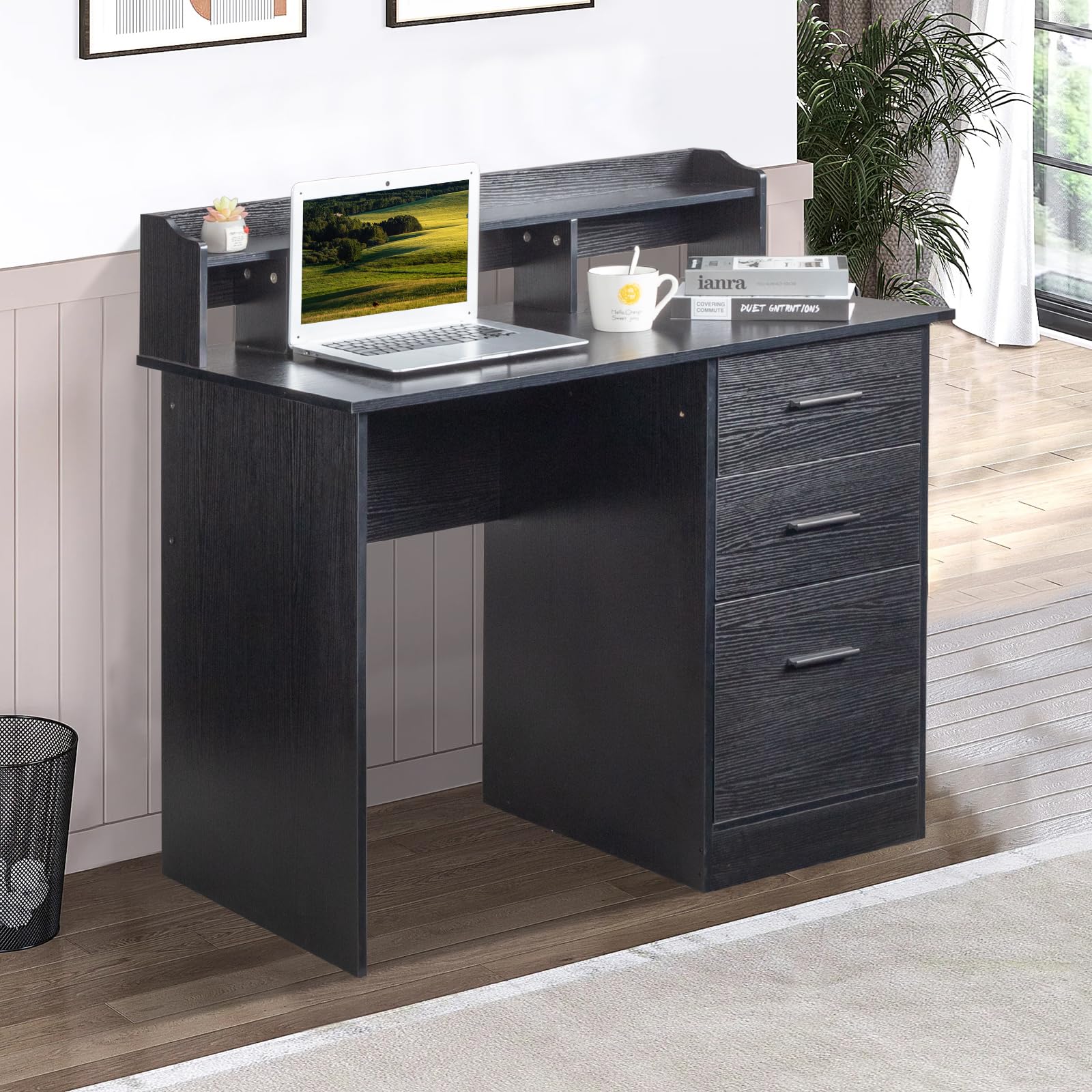 Kcelarec Computer Desk with Drawers and Hutch, Home Office Desk with File Drawer, Wood Executive Desk Writing Study Table PC Desk for Bedroom (Black)