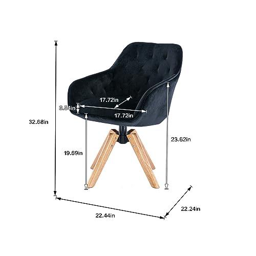Swivel Accent Chair,Dining Chair No Wheels with Solid Wood Legs,Upholstered Button Tufted Desk Chair,Modern Home Office Chair for Living Room Bedroom Small Space,Weight Capacity 300 LBS,Black
