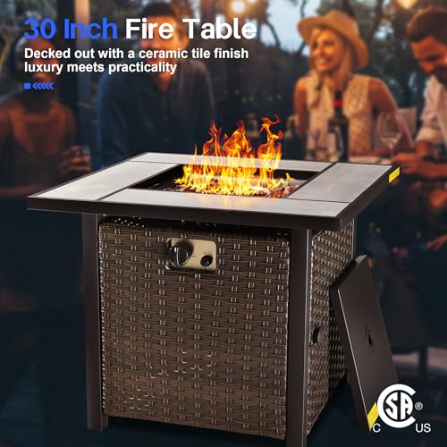 XIZZI Patio Furniture Sets 7 Pieces Outdoor Swivel Rocking Chairs with 50,000 BTU Propane Fire Pit Table All Weather PE Wicker Outside Conversation Sofa Set and Matching Side Table,Brown Wicker Beige