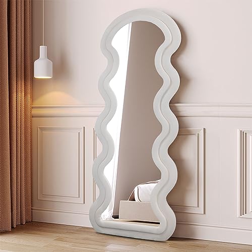 LOVDECORT Irregular Wavy Full Length Mirror, 63" x 24" Shatter-Resistant Selfie Leaner Mirror, Standing Floor Mirror for Hanging & Leaning Against Wall with Velvet Wrapped Wooden Frame(White)