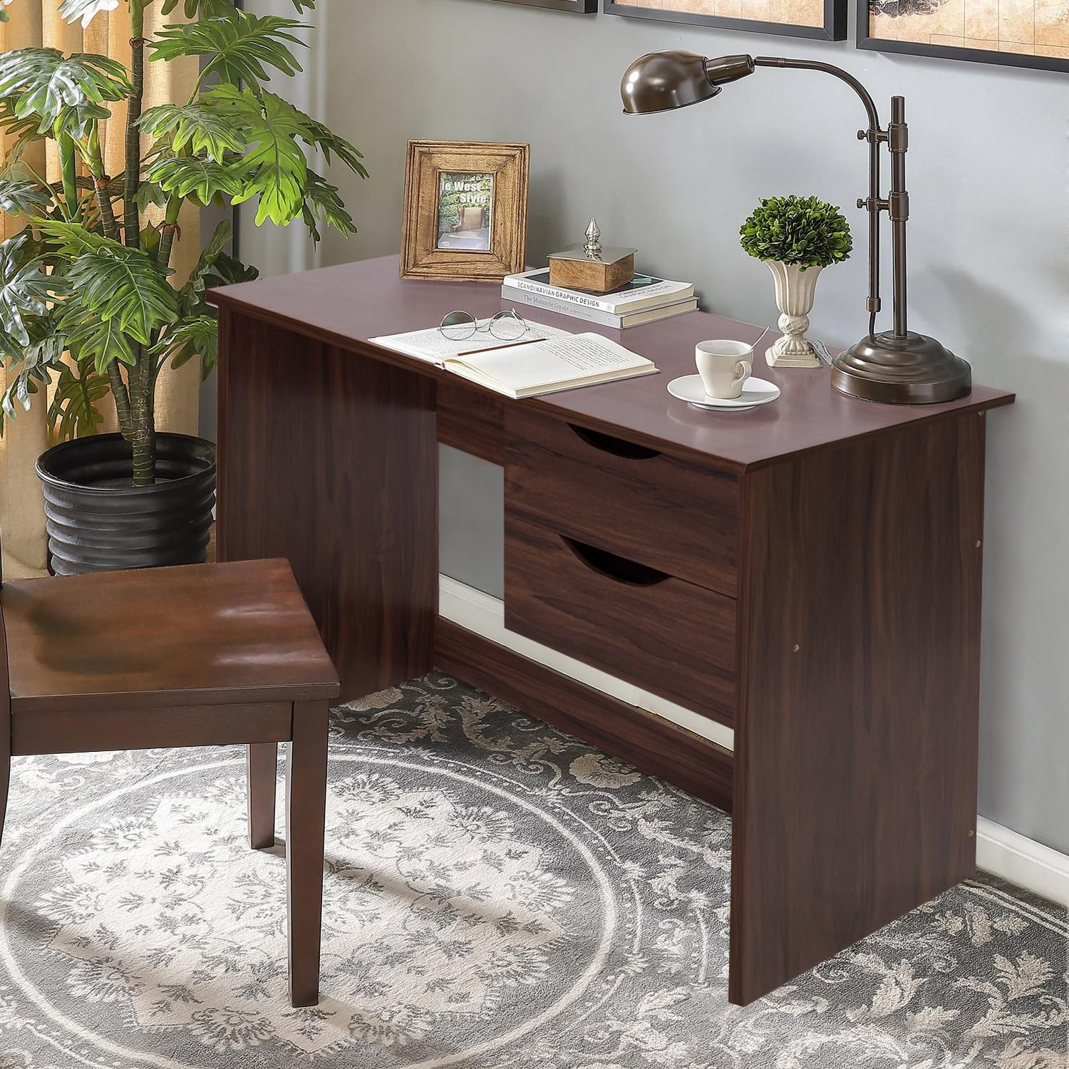 FurnitureR Home Office Computer Desk with 2 Drawers, Wooden Study Writing Table Teen Student Desk Workstation with Footrest for Bedroom Small Spaces Apartment Dorm, Walnut Brown