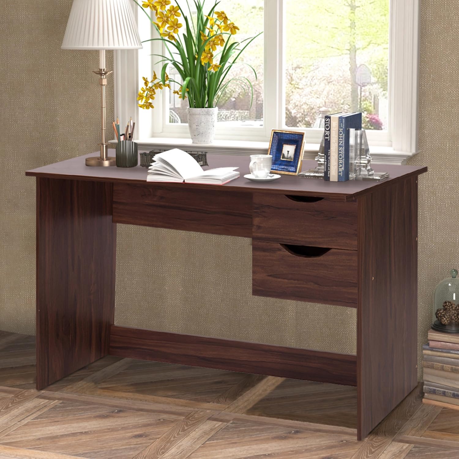 FurnitureR Home Office Computer Desk with 2 Drawers, Wooden Study Writing Table Teen Student Desk Workstation with Footrest for Bedroom Small Spaces Apartment Dorm, Walnut Brown