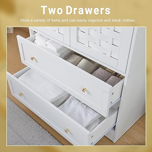 QEIUZON Wardrobe Closet, Freestanding Closet Wardrobe Cabinet with Wide Drawers & Hanging Rod, Armoire for Bedroom, Kids' Room, Dorm (White)