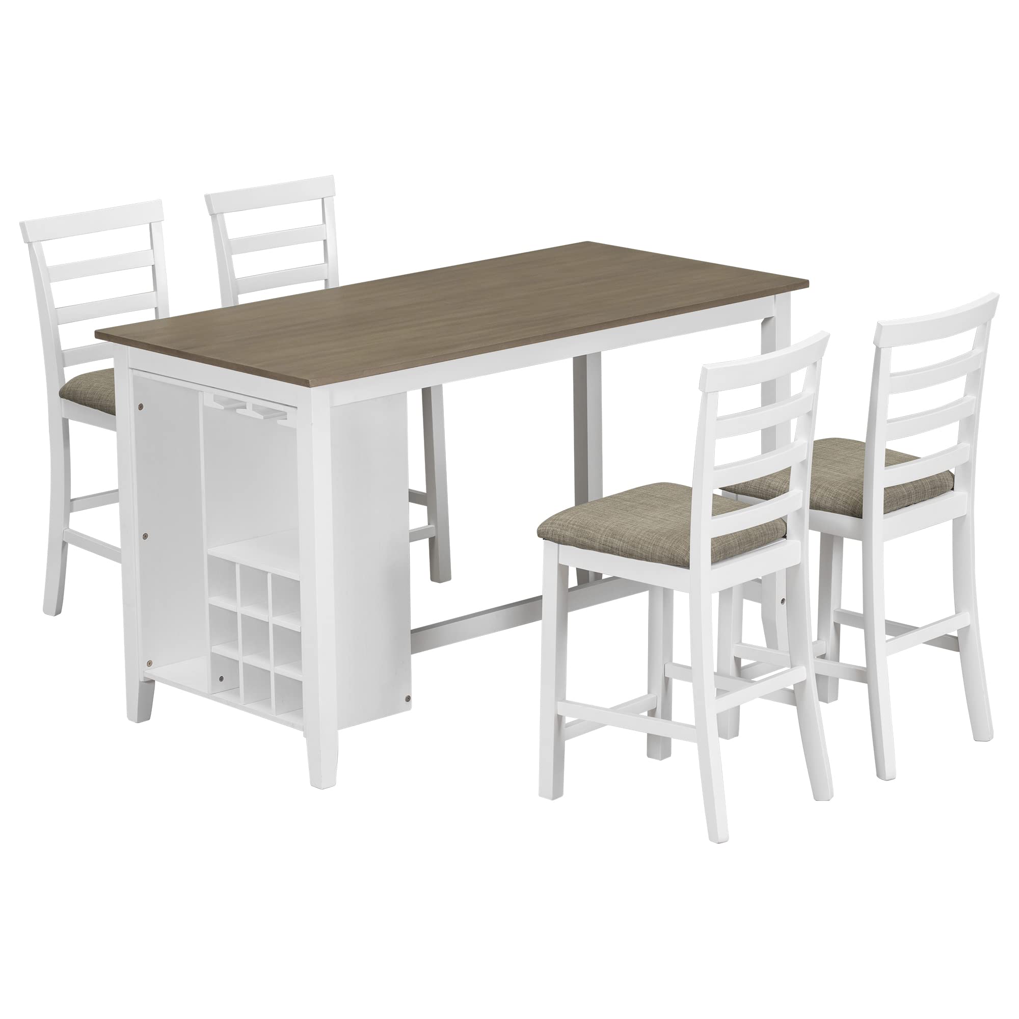 5-Piece Rustic Dining Table Set, Rubber Wood Counter Height Table with 4 Padded Chairs and Integrated 9 Bar Wine Compartment, Wineglass Holdersc for Dining Room Kitchen (Brown + White Wash-04)