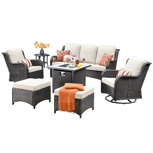 XIZZI Patio Furniture Sets 7 Pieces Outdoor Swivel Rocking Chairs with 50,000 BTU Propane Fire Pit Table All Weather PE Wicker Outside Conversation Sofa Set and Matching Side Table,Brown Wicker Beige