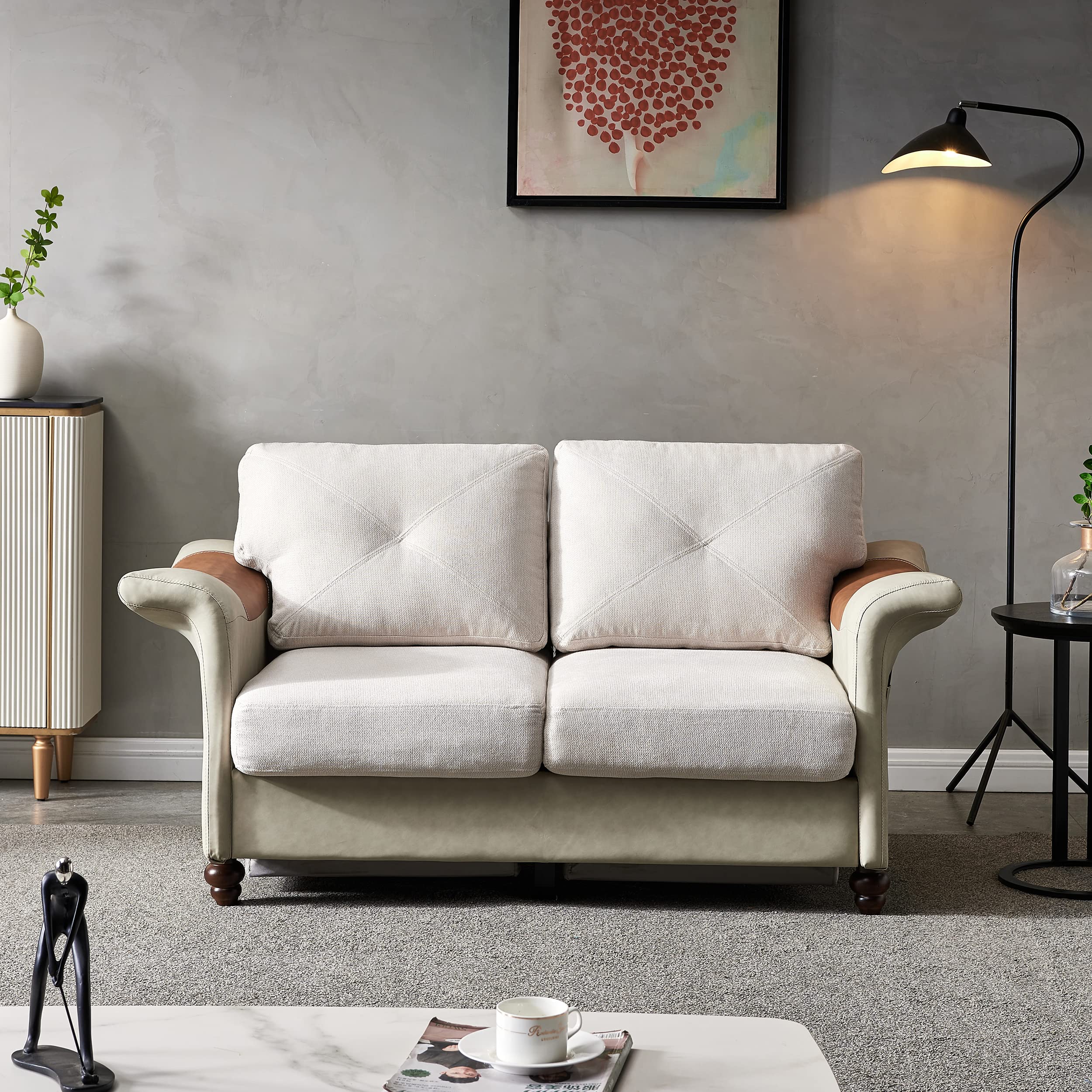 YuiHome Furniture Linen Fabric Faux Leather Solid Wood Legs Upholstered Couches Sets with 2-Seat Sofa, Loveseat for Living Room,Beige