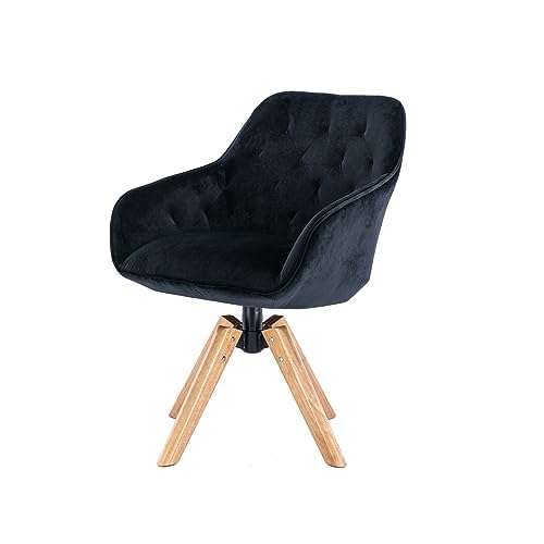 Swivel Accent Chair,Dining Chair No Wheels with Solid Wood Legs,Upholstered Button Tufted Desk Chair,Modern Home Office Chair for Living Room Bedroom Small Space,Weight Capacity 300 LBS,Black
