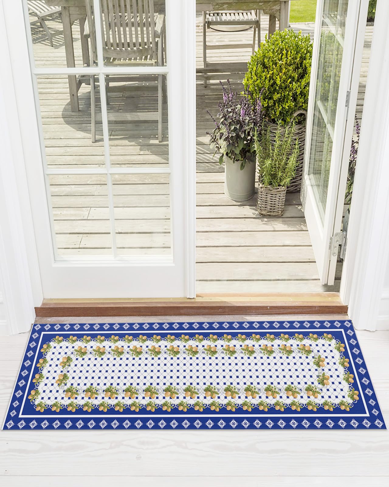 KITHOME Front Door Mat Blue Tile Background Lemon Floral Indoor Outdoor Entrance Doormat Washable Floor Mats for Front Door Bathroom Kitchen Runner Rugs 16x47 Inch