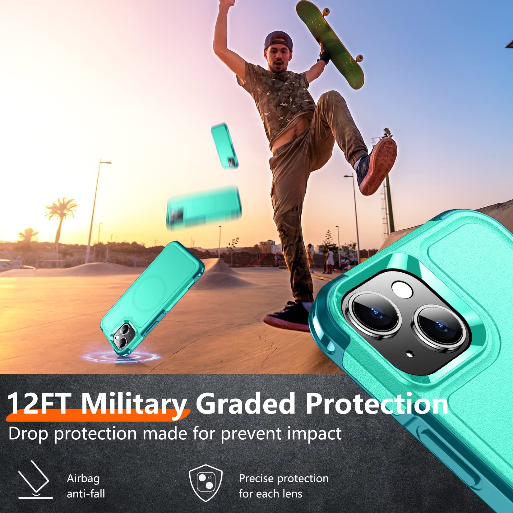 Red2Fire Magnetic for iPhone 14 Plus Case [Compatible with Magsafe][Military Grade Drop Protection][2X Glass Screen Protector+2X Camera Lens Protector] Shockproof Protective Case - Light Green