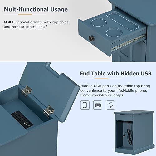 P PURLOVE Classic Vintage Living Room End Table, Wooden Side Table with USB Ports and One Multifunctional Drawer with Cup Holders (Antique Navy)
