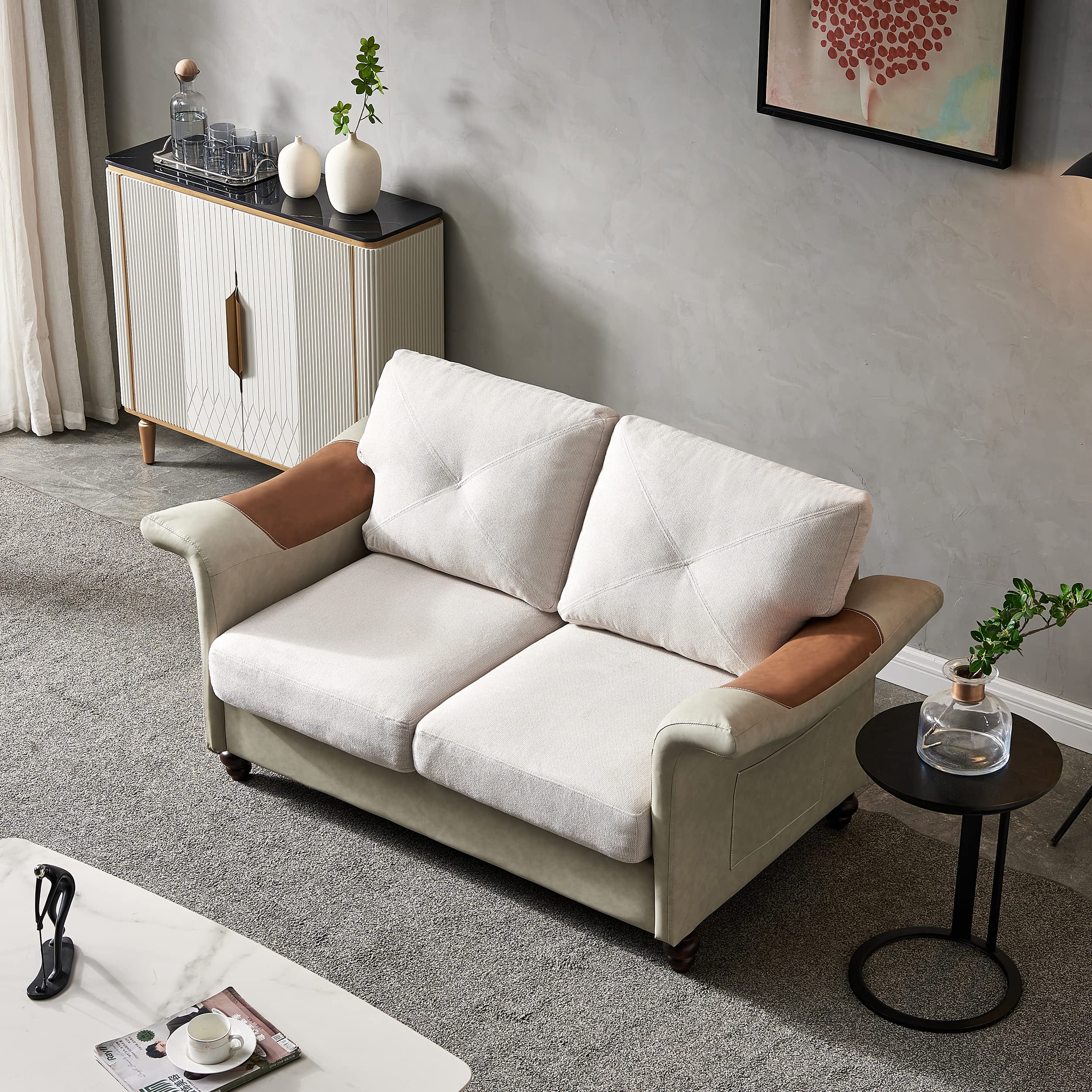 YuiHome Furniture Linen Fabric Faux Leather Solid Wood Legs Upholstered Couches Sets with 2-Seat Sofa, Loveseat for Living Room,Beige