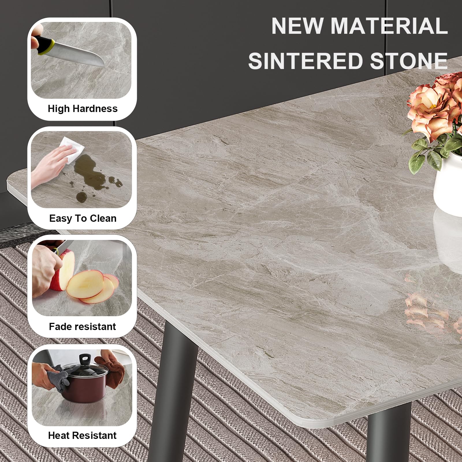 ZL ZELing Dining Table with Marble Sintered Stone Table Top and Metal Legs, Gray 55" Rectangular Kitchen Table, Dinner Table for Dining Room