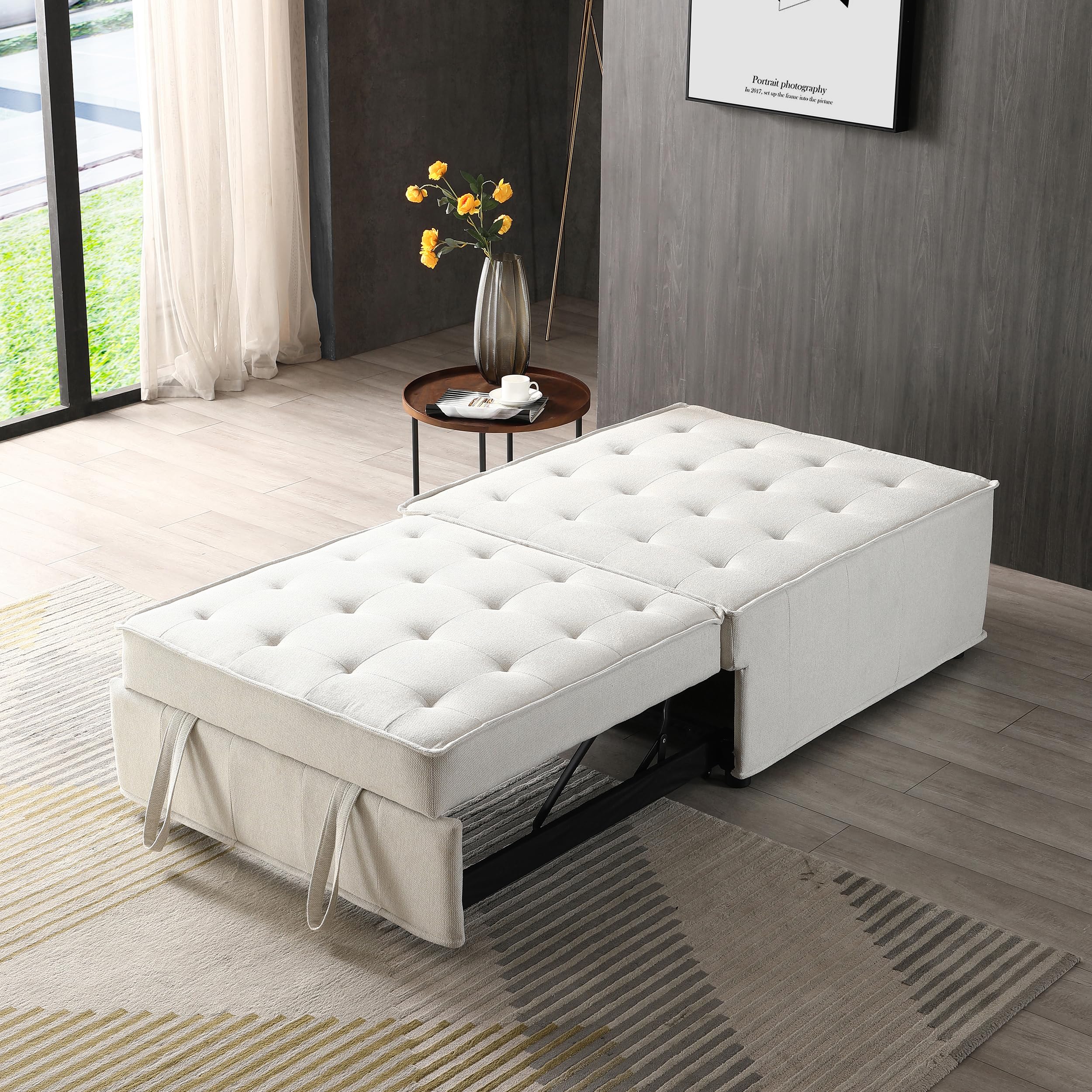 FIQHOME Pull Out Sofa, Small Tufted Velvet Convertible Couch, Easy to Assembly Faux Leather Single Bed with Removeable Backrest for Living Room Apartment (Beige+Fabric)