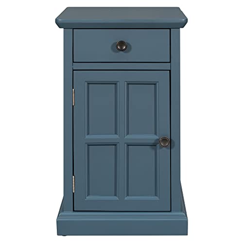 P PURLOVE Classic Vintage Living Room End Table, Wooden Side Table with USB Ports and One Multifunctional Drawer with Cup Holders (Antique Navy)