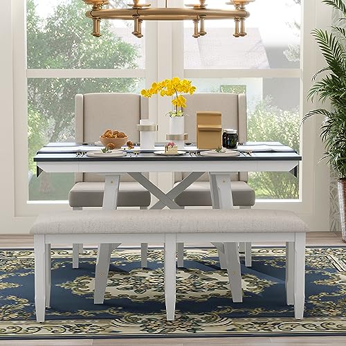 HAUSHECK Classic 4-6, Modern Home Furniture Small Space with Rectangular Extendable Table w/Two 12" W Removable Leaves, Upholstered Bench & Chairs w/Wing Back, Kitchen & Dining Room Sets for 6, White